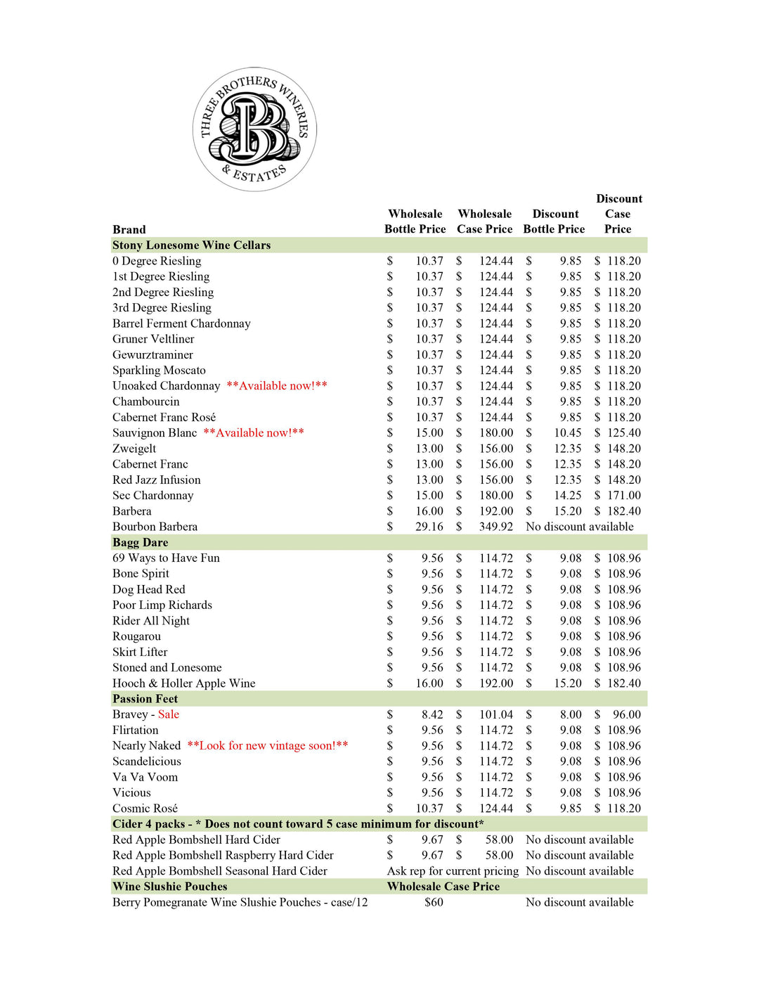 Wholesale Pricing – Three Brothers Wineries and Estates